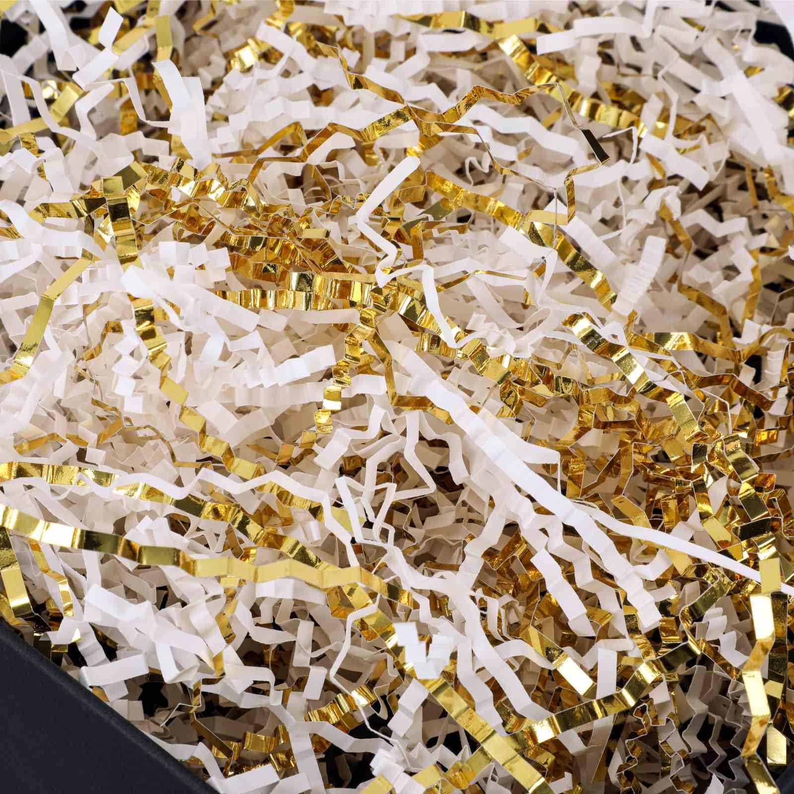 PLINJOY 4 OZ Crinkle Cut Paper Shred Filler for Gift Basket Shredded Confetti Paper Box Stuffing Easter Basket Grass (Gold White)