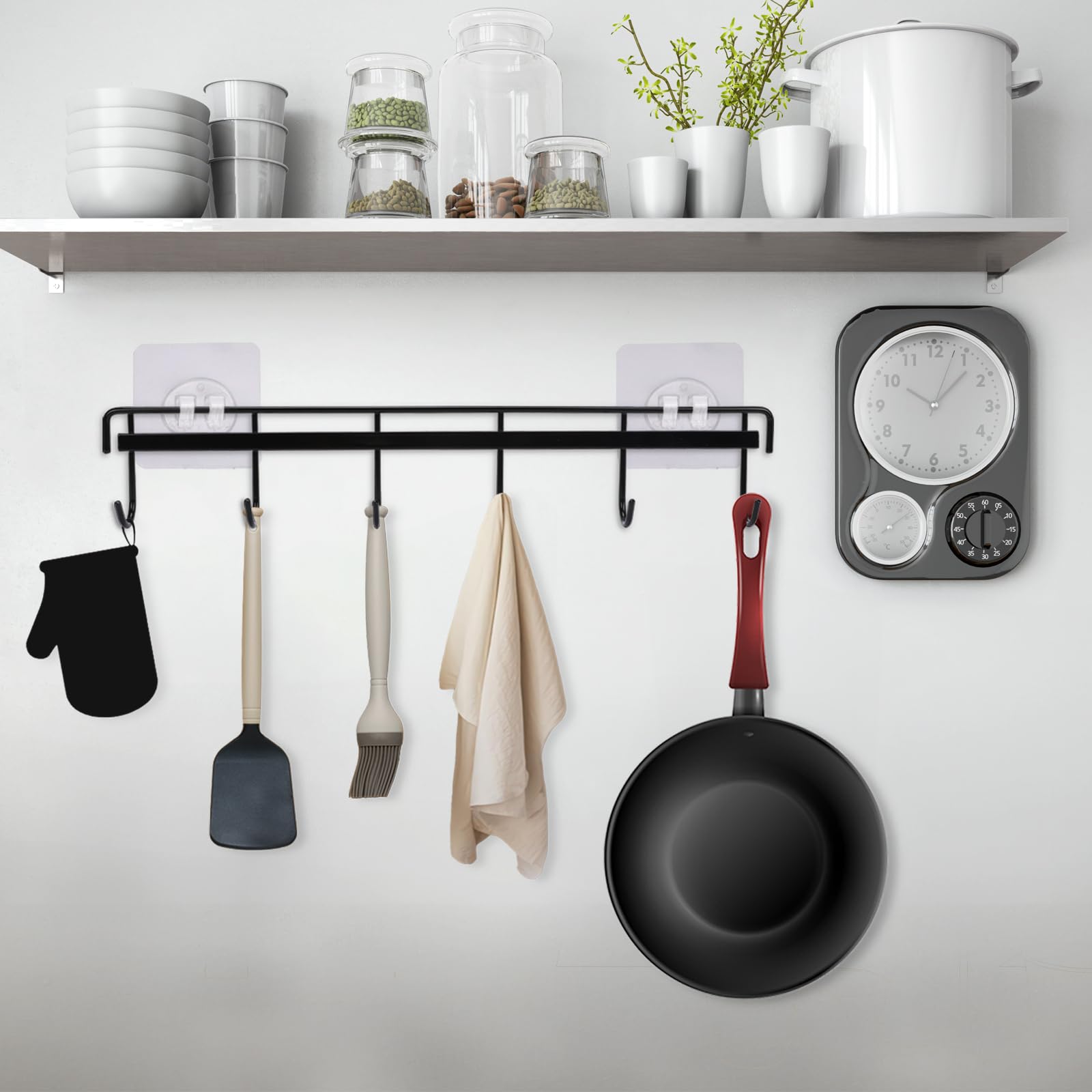 Kalione 2 Pack Wall Mount Utensil Rail Rack, Stainless Steel, 2pcs Adhesive Utensil Holder Hooks for Kitchen Bathroom