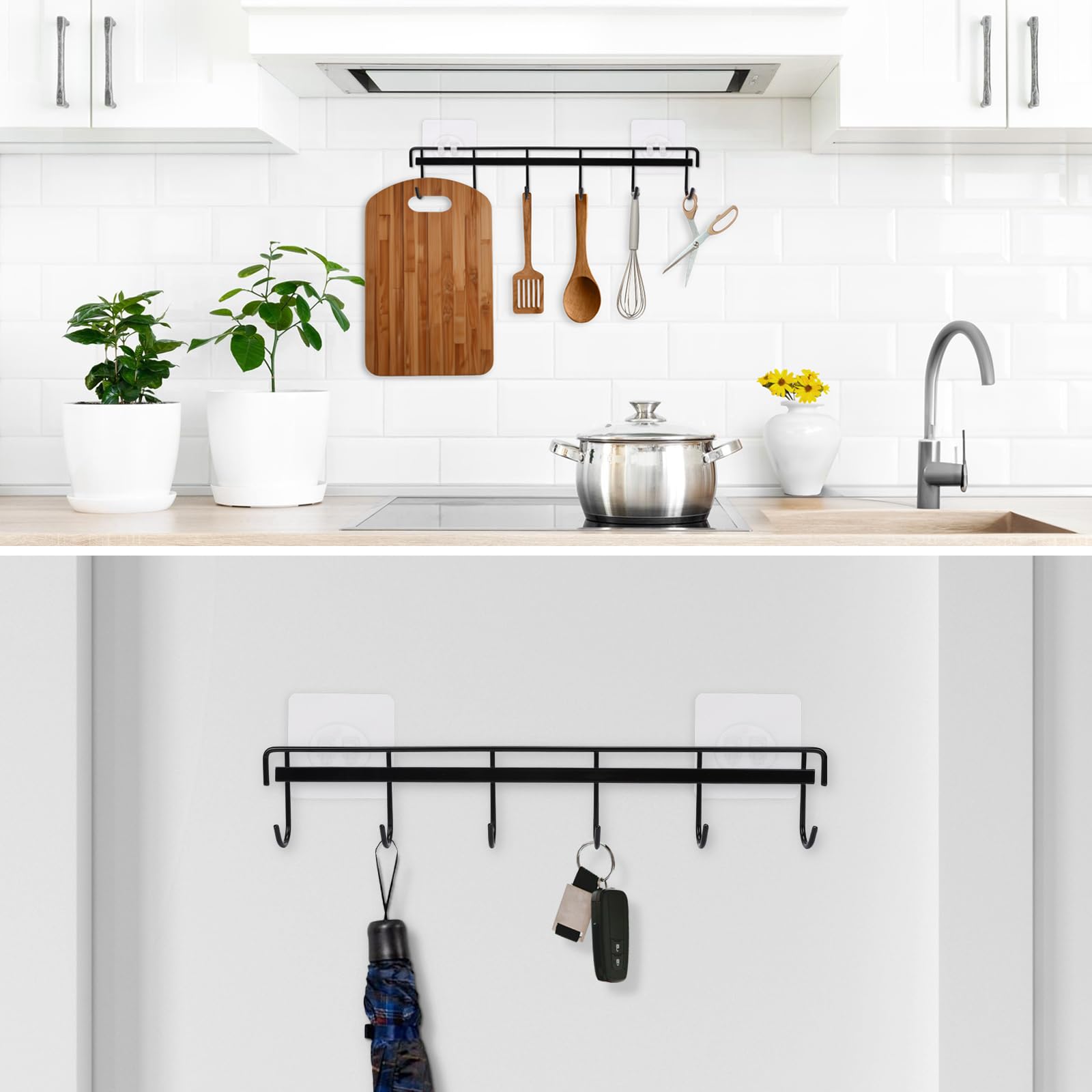 Kalione 2 Pack Wall Mount Utensil Rail Rack, Stainless Steel, 2pcs Adhesive Utensil Holder Hooks for Kitchen Bathroom