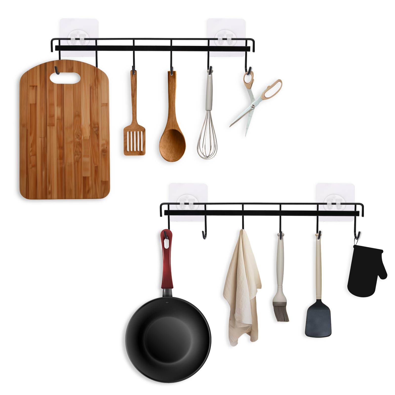 Kalione 2 Pack Wall Mount Utensil Rail Rack, Stainless Steel, 2pcs Adhesive Utensil Holder Hooks for Kitchen Bathroom