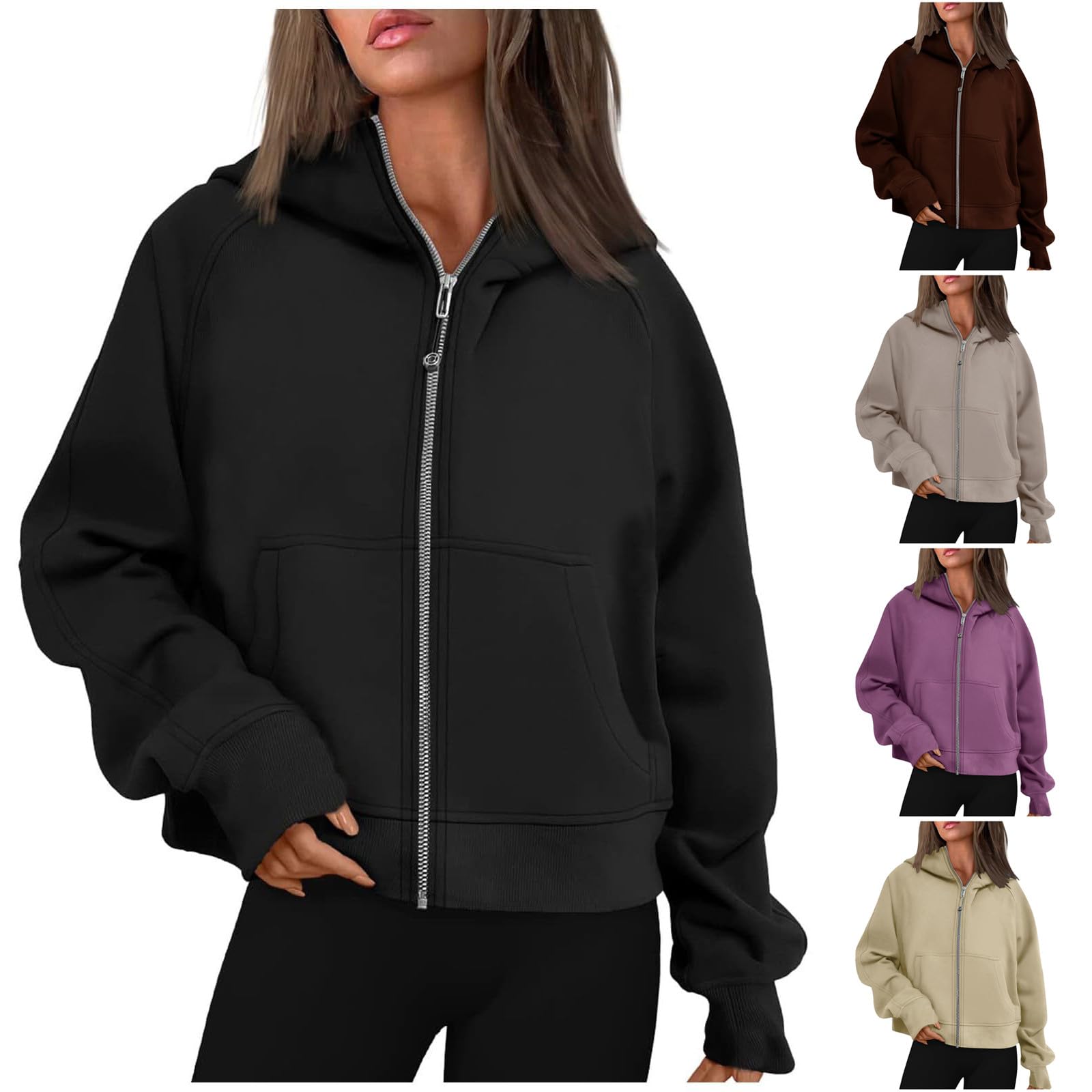 Women's Hoodies Zip Up Women's Fashion Hoodies & Sweatshirts Casual Long Sleeve y2k Clothes Full Zip Up Cropped Hoodie Jacket With Pockets Black S