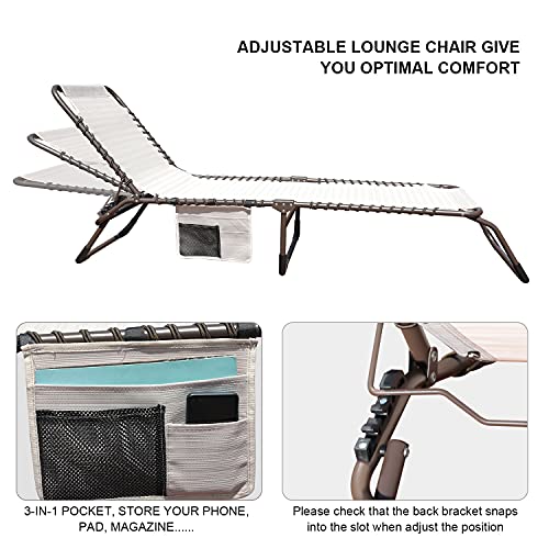 GOLDSUN Foldable Patio Chaise Lounge Chair for Outdoor with Detachable Pocket and Pillow, Portable Adjustable Sun Lounger Recliner for Beach, Camping and Pool-Beige(1pack