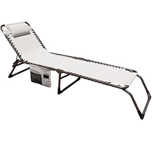 GOLDSUN Foldable Patio Chaise Lounge Chair for Outdoor with Detachable Pocket and Pillow, Portable Adjustable Sun Lounger Recliner for Beach, Camping and Pool-Beige(1pack