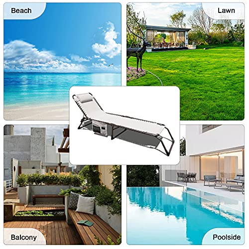 GOLDSUN Foldable Patio Chaise Lounge Chair for Outdoor with Detachable Pocket and Pillow, Portable Adjustable Sun Lounger Recliner for Beach, Camping and Pool-Beige(1pack