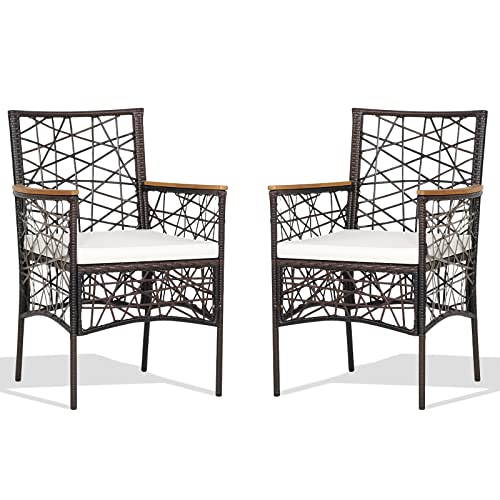 Tangkula Set of 2 Outdoor Dining Chairs, Patiojoy All-Weather PE Wicker Patio Bistro Chairs with Acacia Wood Armrests and Soft Cushions, Outdoor Armchairs for Porch, Garden, Poolside and Backyard