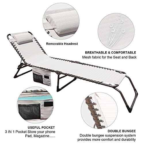 GOLDSUN Foldable Patio Chaise Lounge Chair for Outdoor with Detachable Pocket and Pillow, Portable Adjustable Sun Lounger Recliner for Beach, Camping and Pool-Beige(1pack