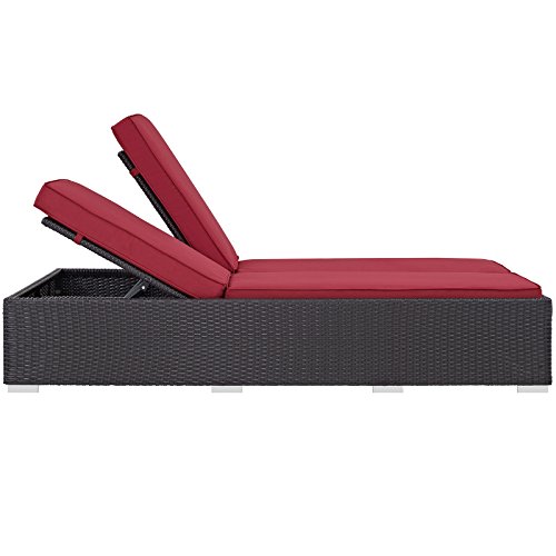 Modway Convene Wicker Rattan Outdoor Patio Upholstered Double Chaise Chair in Espresso Red