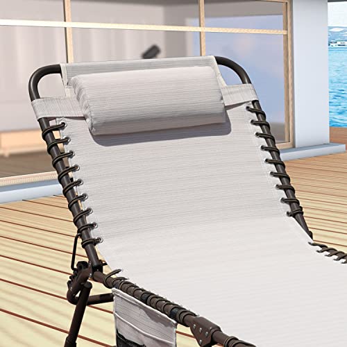 GOLDSUN Foldable Patio Chaise Lounge Chair for Outdoor with Detachable Pocket and Pillow, Portable Adjustable Sun Lounger Recliner for Beach, Camping and Pool-Beige(1pack