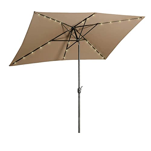 Aok Garden 6.5FT × 10FT Solar LED Lighted Patio Umbrella with Push Button Tilt and Sturdy Aluminum Ribs for Deck Lawn Pool & Backyard - Coffee