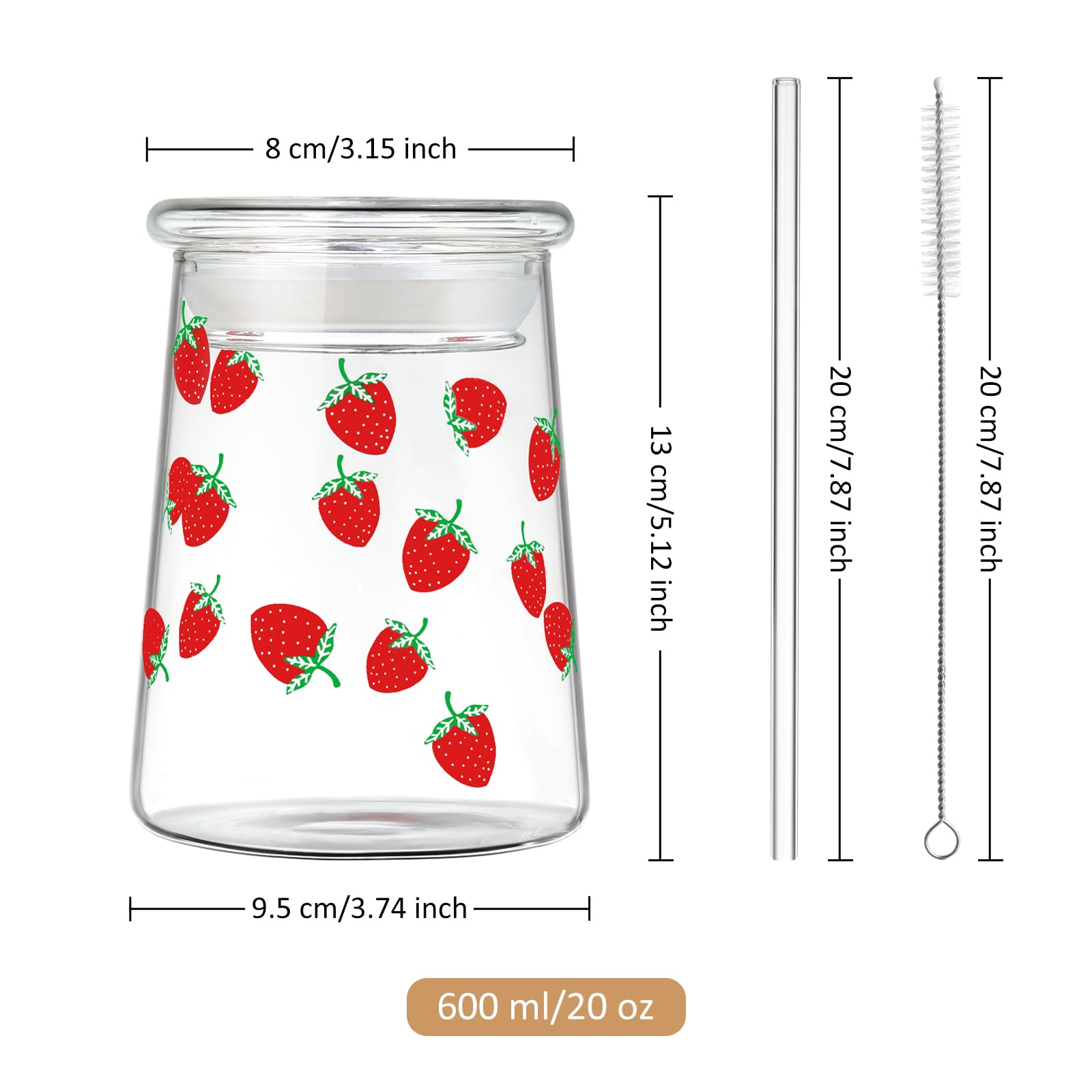 Joeyan Glass Tumbler with Lid and Straw,Iced Coffee Cups with Red Strawberries Pattern,Clear Cute Drinking Jars,Water Juice Beverages Soda Glasses,20 oz