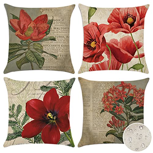 OTOSTAR 4 Pack Outdoor Waterproof Throw Pillow Covers 18x18 Inch Linen Garden Cushion Covers Vintage Red Flower Decorative Pillowcases for Sofa Tent Balcony Patio