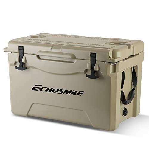 EchoSmile 35 Quart Rotomolded Cooler, 5 Days Protale Ice Cooler, Tan Ice Chest with Built-in Bottle Openers, Cup Holders, and Fish Ruler, Suit for BBQ, Camping, Pincnic, and Other Outdoor Activities