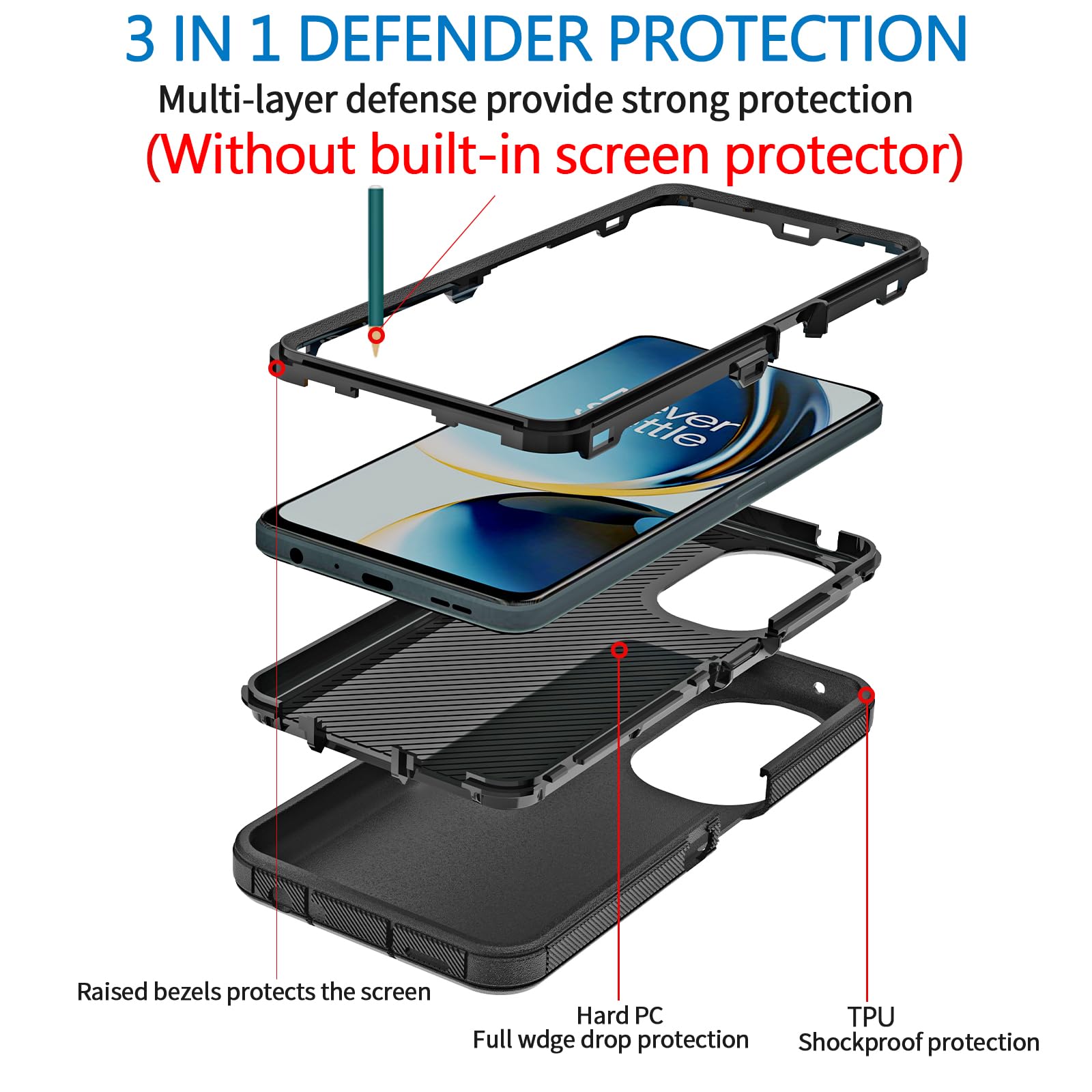 Anloes for Oneplus Nord N30 5G/CE 3 Lite Case, Defender Phone Case Heavy Duty Shockproof Dustproof Rugged Protective, 3 in 1 Bumper Cover for Oneplus Nord N30 Black(Without Built-in Screen Protector)