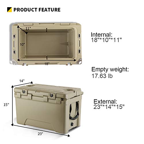EchoSmile 35 Quart Rotomolded Cooler, 5 Days Protale Ice Cooler, Tan Ice Chest with Built-in Bottle Openers, Cup Holders, and Fish Ruler, Suit for BBQ, Camping, Pincnic, and Other Outdoor Activities