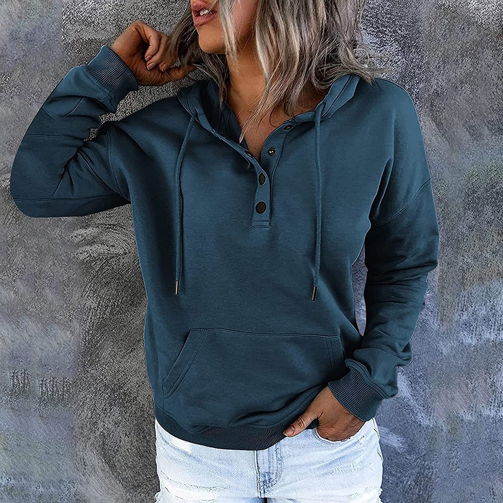 Dressy Casual Hoodies For Women Long Sleeve Pullover Tops Drawstring Hooded Sweatshirts Fall Fashion Outfits 2024 Navy M