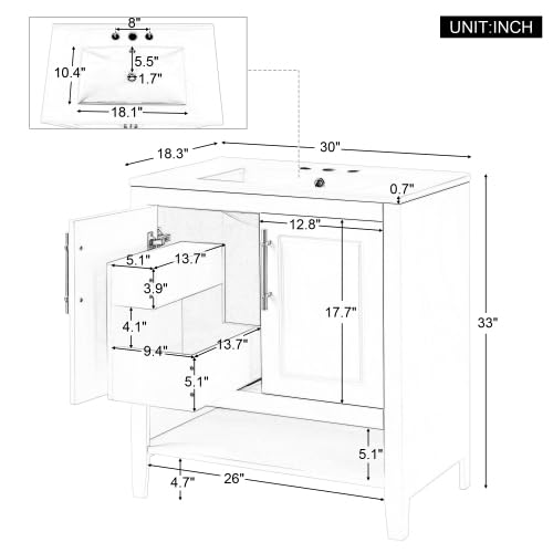 AnwickNomo 30" Bathroom Vanity with Sink Combo, Modern Multi-Functional Bathroom Cabinet with Doors and Drawers, Narrow Depth Bath Vanities,Solid Frame and MDF Board, Large Storage Space (White)