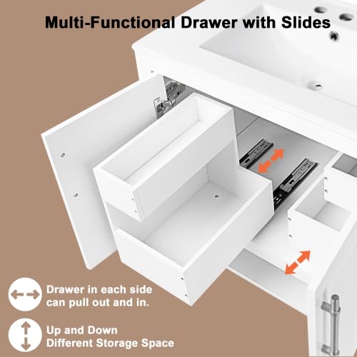 AnwickNomo 30" Bathroom Vanity with Sink Combo, Modern Multi-Functional Bathroom Cabinet with Doors and Drawers, Narrow Depth Bath Vanities,Solid Frame and MDF Board, Large Storage Space (White)