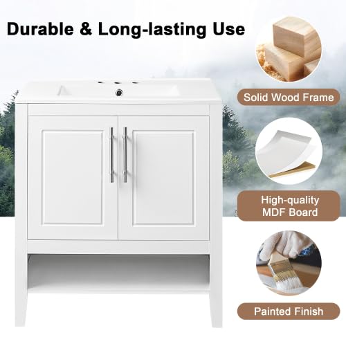 AnwickNomo 30" Bathroom Vanity with Sink Combo, Modern Multi-Functional Bathroom Cabinet with Doors and Drawers, Narrow Depth Bath Vanities,Solid Frame and MDF Board, Large Storage Space (White)