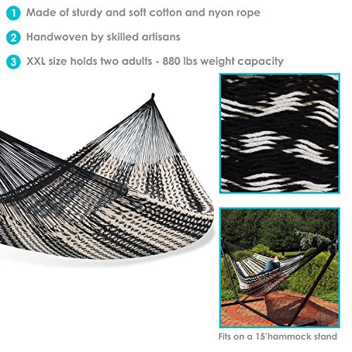 Sunnydaze Mayan Family Hammock Hand-Woven XXL Thick Cord, Heavy-Duty 625-Pound Capacity, Black/Natural