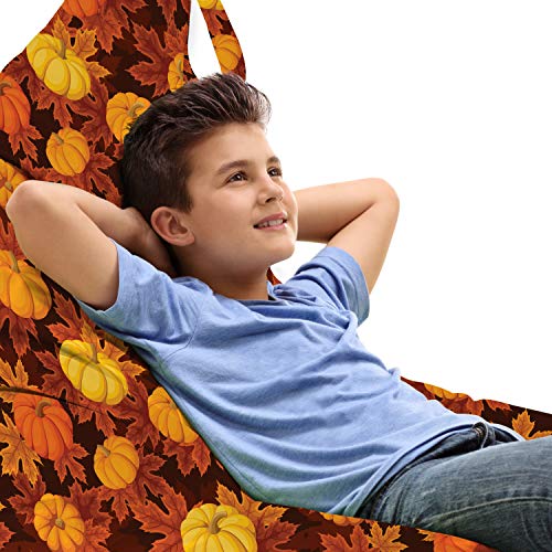 Lunarable Pumpkin Lounger Chair Bag, Autumn Illustration with Maple Leaves Squash Plants Warm Colored Pattern, High Capacity Storage with Handle Container, Lounger Size, Orange Brown Yellow