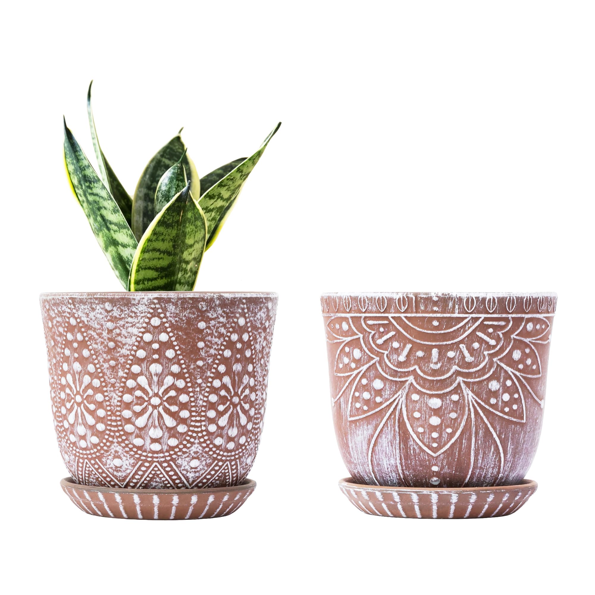 Gepege 6 Inch Beaded Ceramic Planter Set of 2 with Drainage Hole and Saucer for Plants, Indoor-Outdoor Large Round Succulent Orchid Flower Pot