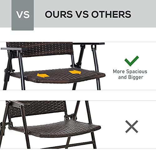 Outsunny PE Plastic Rattan Folding Chair Set, 4 Pack, Outdoor Wicker Seats w/Armrests, Steel Frame, Mixed Brown