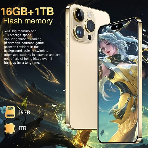 RAYPUR i14 Pro Max 4G/5G Unlocked Smartphones, 16GB 1TB Large Capacity Mobile Phone, 7.3INCH HD Full Screen, 72MP 108MP Camera Cell Phone Face Unlock,Blue-1TB