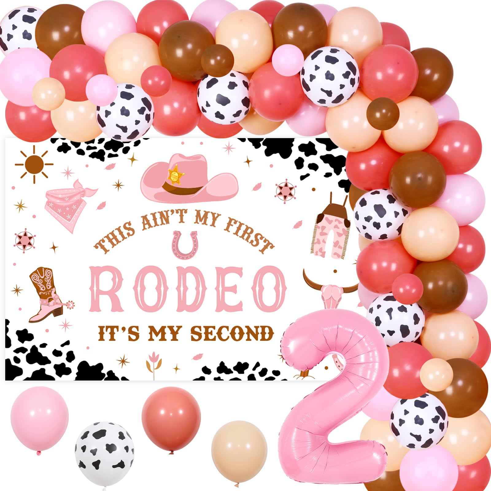 JOYMEMO My 2nd Rodeo Birthday Decorations Girl - Boho Cowgirl Balloon Garland Arch Kit with This Ain't My First Rodeo Its My Second Birthday Backdrop, Number 2 Foil Balloon for Western Party Supplies