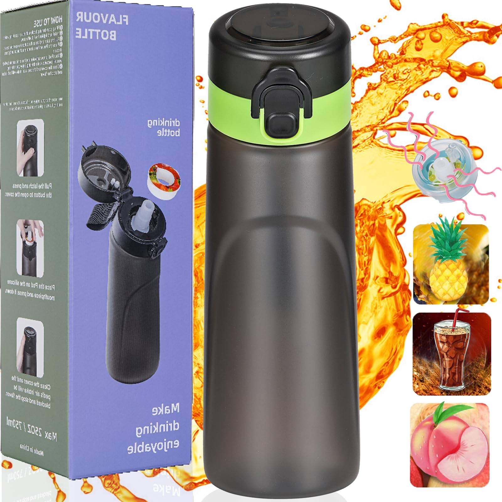 GIYZOKNI Water Bottle Starter Set, Water Bottle with Pods, 750ML Fruit Fragrance Water Bottle with 3 pcs Pods, 0% Sugar Water Cup BPA Free, Suitable for Gyms, Outdoor Sport, Schools (Black)
