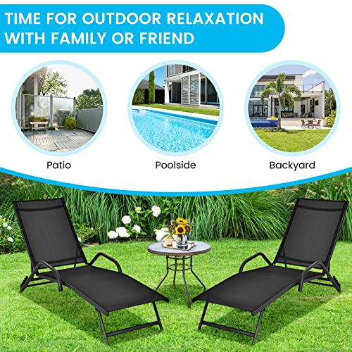 Tangkula Outdoor Patio Chaise Lounge Chairs, Reclining Lounge Chairs with 5-Position Adjustable Backrest & Breathable Fabric, Outdoor Recliner Chairs for Lawn, Poolside & Backyard, Set of 2 (2, Black)