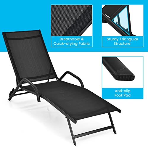 Tangkula Outdoor Patio Chaise Lounge Chairs, Reclining Lounge Chairs with 5-Position Adjustable Backrest & Breathable Fabric, Outdoor Recliner Chairs for Lawn, Poolside & Backyard, Set of 2 (2, Black)