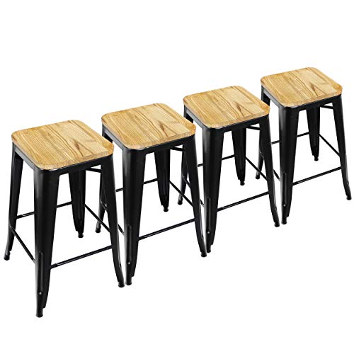 ZENY Metal Bar Stools Set of 4, Counter Height 26" Stools with Wooden Seat Stackable Indoor/Outdoor Barstools, 330 lbs Capacity