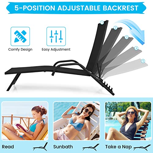 Tangkula Outdoor Patio Chaise Lounge Chairs, Reclining Lounge Chairs with 5-Position Adjustable Backrest & Breathable Fabric, Outdoor Recliner Chairs for Lawn, Poolside & Backyard, Set of 2 (2, Black)