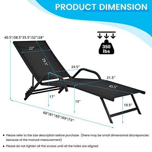 Tangkula Outdoor Patio Chaise Lounge Chairs, Reclining Lounge Chairs with 5-Position Adjustable Backrest & Breathable Fabric, Outdoor Recliner Chairs for Lawn, Poolside & Backyard, Set of 2 (2, Black)