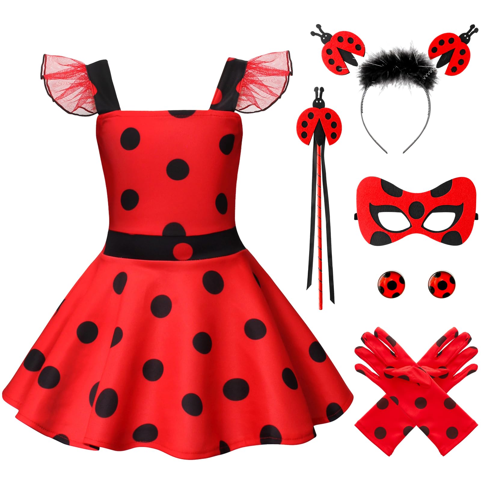 Girls Costume Polka Dots Dress Up Carnival Costume Birthday Outfit Christmas Party Cosplay Mask Gloves Headdress for Kids 130
