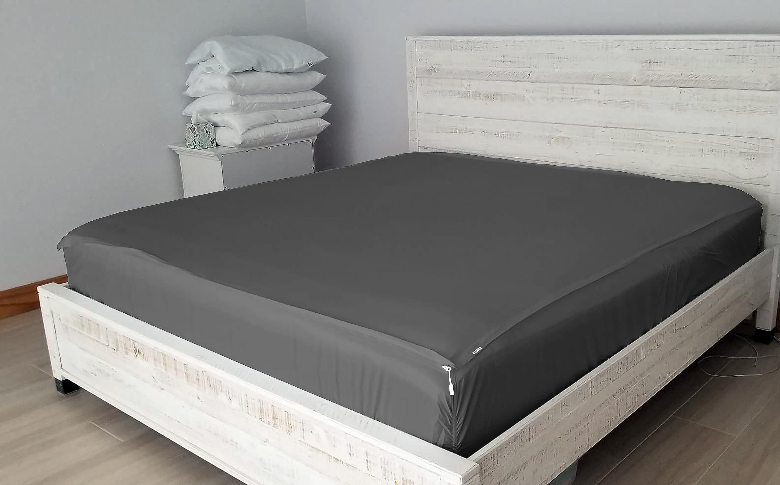 Pure Eco Easy Zipper Fitted Sheet - Includes 1 Fitted Sheet Base & 2 Zip-On Sheets - 15” Inch. Deep Pockets Zipper Sheets Full Size - 600 TC Soft Cotton Fitted Sheet - Dark Grey