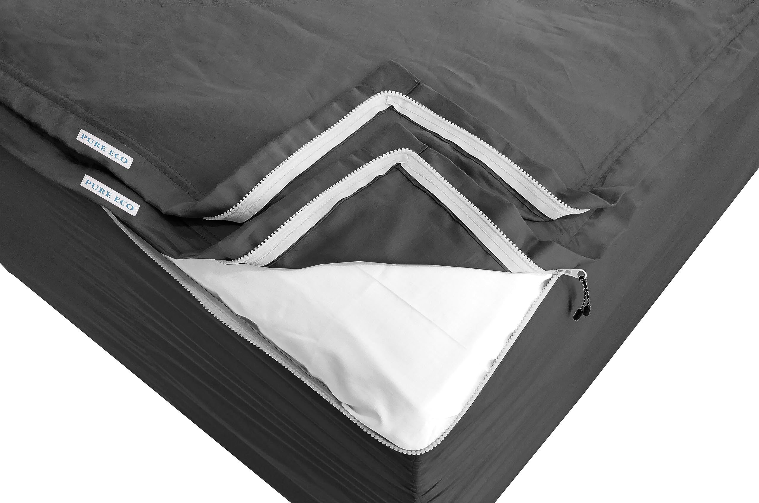 Pure Eco Easy Zipper Fitted Sheet - Includes 1 Fitted Sheet Base & 2 Zip-On Sheets - 15” Inch. Deep Pockets Zipper Sheets Full Size - 600 TC Soft Cotton Fitted Sheet - Dark Grey