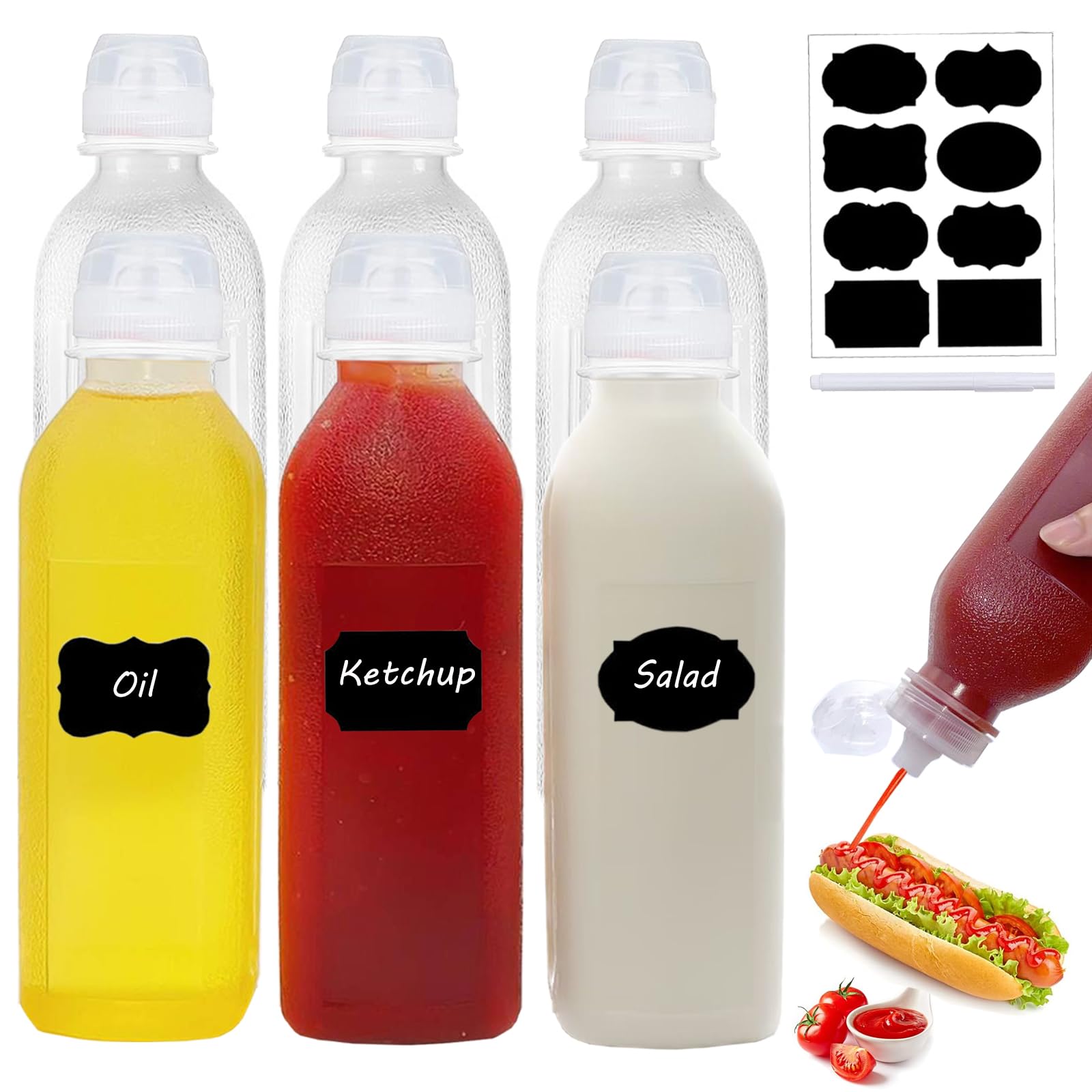 WAYDA Condiment Squeeze Bottles,6 Pack Squeeze Bottles for Sauces, Ketchup Salad Dressing Container, 17oz Plastic Bottles with Squeeze Top for Liquids, BBQ Sauce, Oil