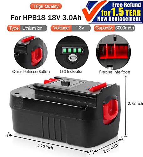 【Lithium-ion | NOT Ni-Mh】 3000mAh 18V Replacement Battery for Black and Decker 18V HPB18 HPB18-OPE 244760-00 A1718 FS18FL FSB18 Firestorm Cordless Power Tools Lithium Battery