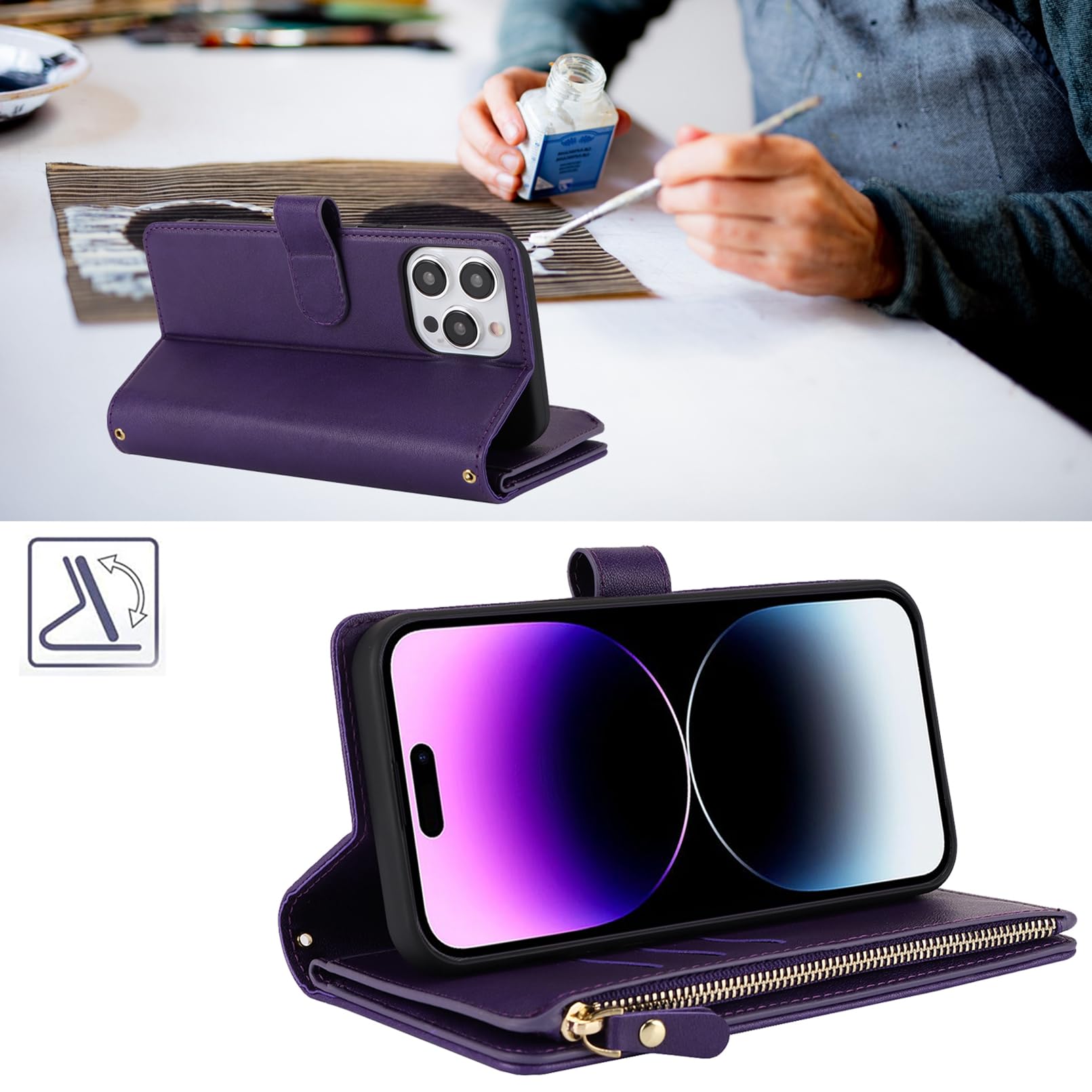Jaorty Crossbody Case for iPhone 15 Pro Max, Purple with Strap Lanyard, Magnetic Flip Leather Wallet Case for Women, 6.7"