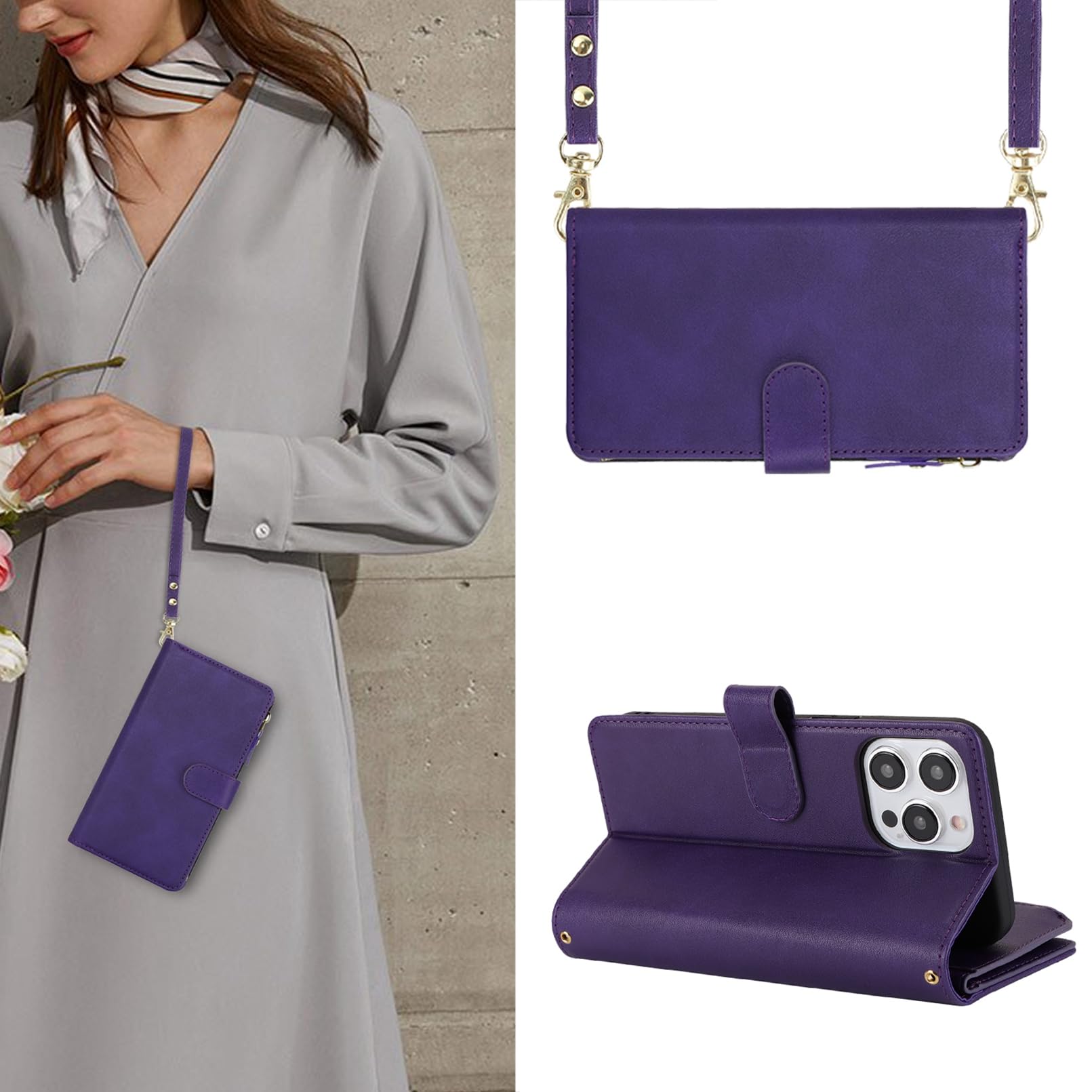 Jaorty Crossbody Case for iPhone 15 Pro Max, Purple with Strap Lanyard, Magnetic Flip Leather Wallet Case for Women, 6.7"