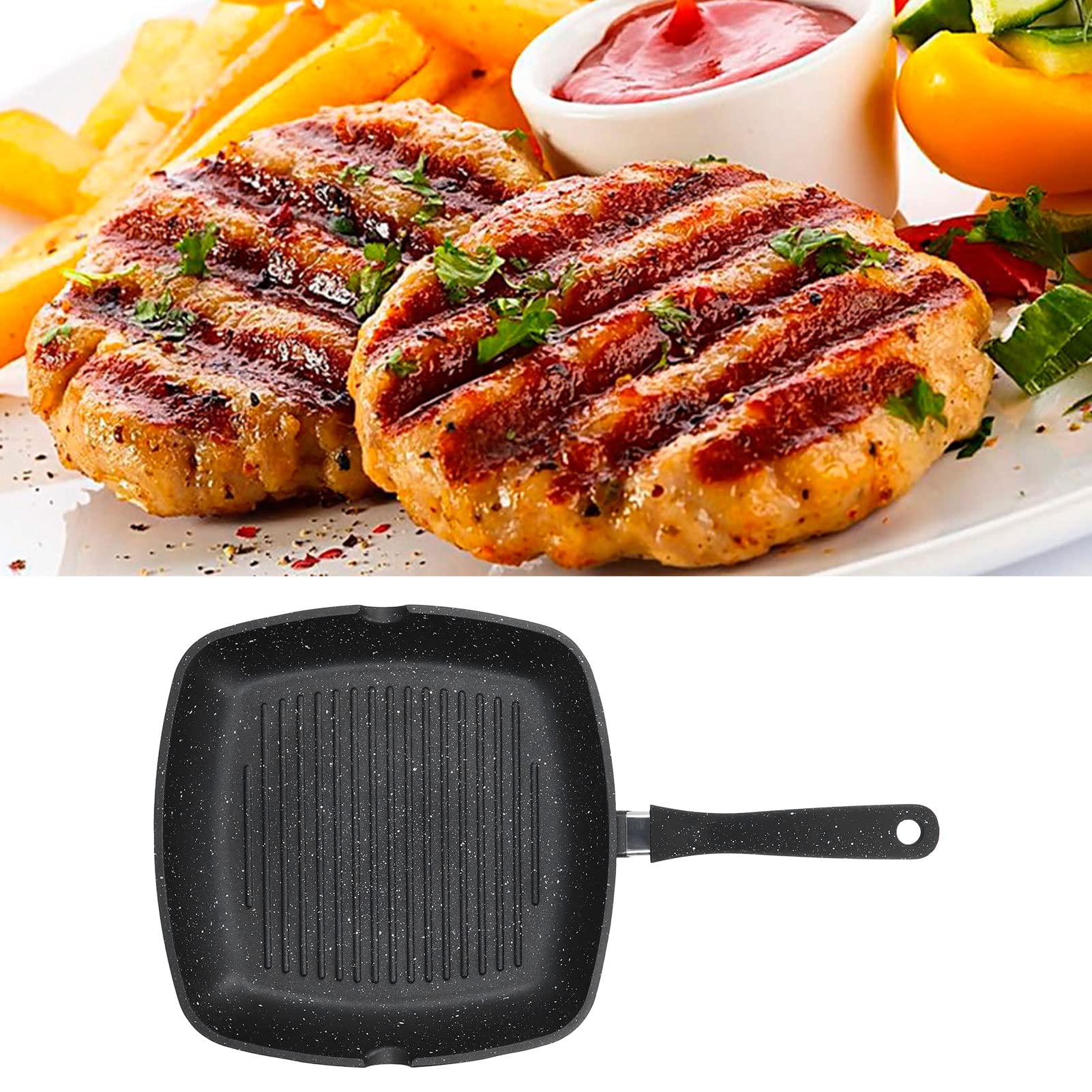 Nonstick Grill Pan,Square Griddle Pan,Aluminum Skillet Steak Bacon Pans with Detachable Handle for Restaurant Indoor Outdoor Barbecue Frying Sauteing Black