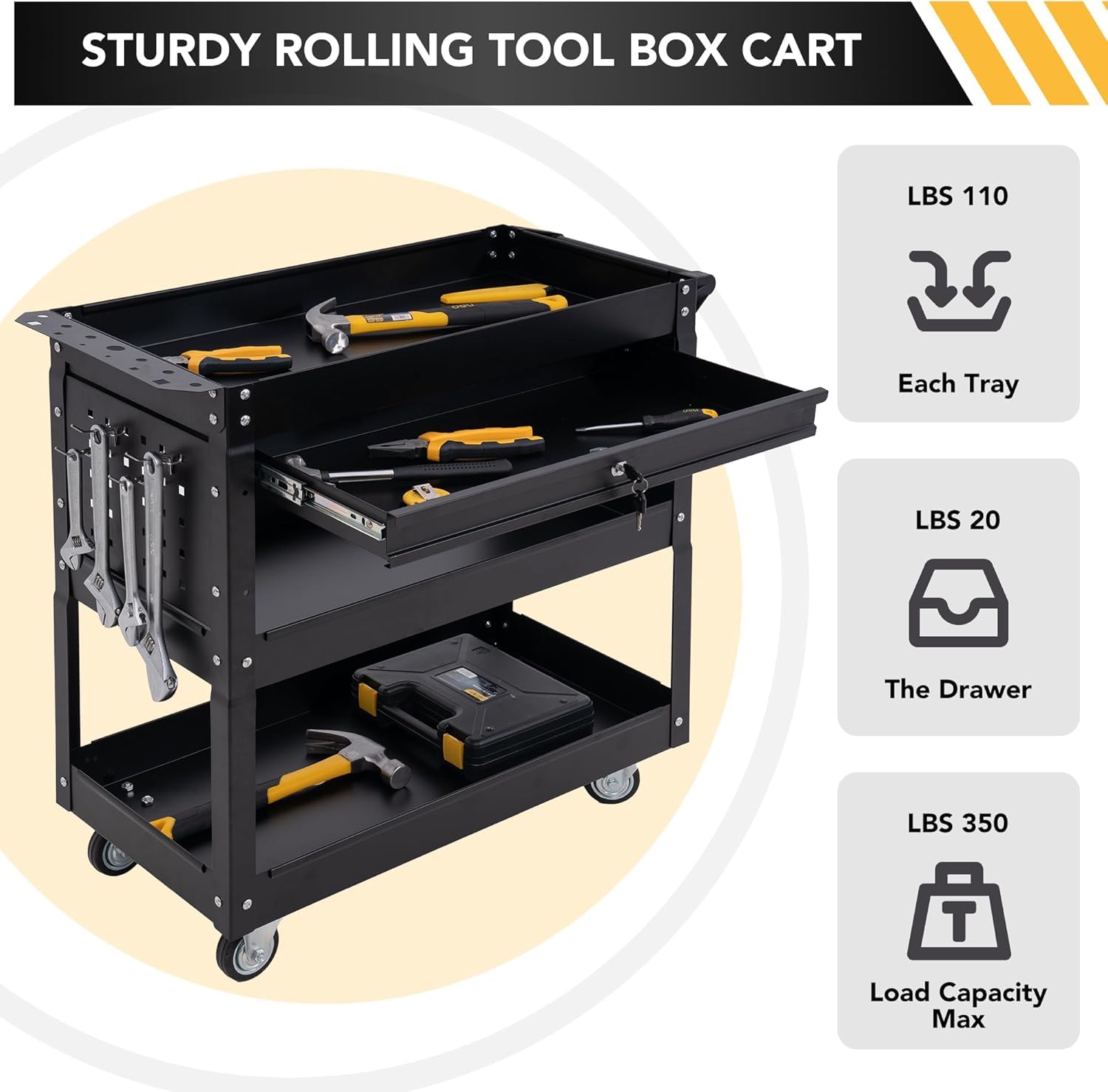 SUN & SUMMER Tool Chest with Wheels, Rolling 3-Tier Tool Box with Wheels 330 LBS Capacity Heavy Duty Utility Industrial Service Cart with Locking System Drawer for Garage, Warehouse & Repair Shop
