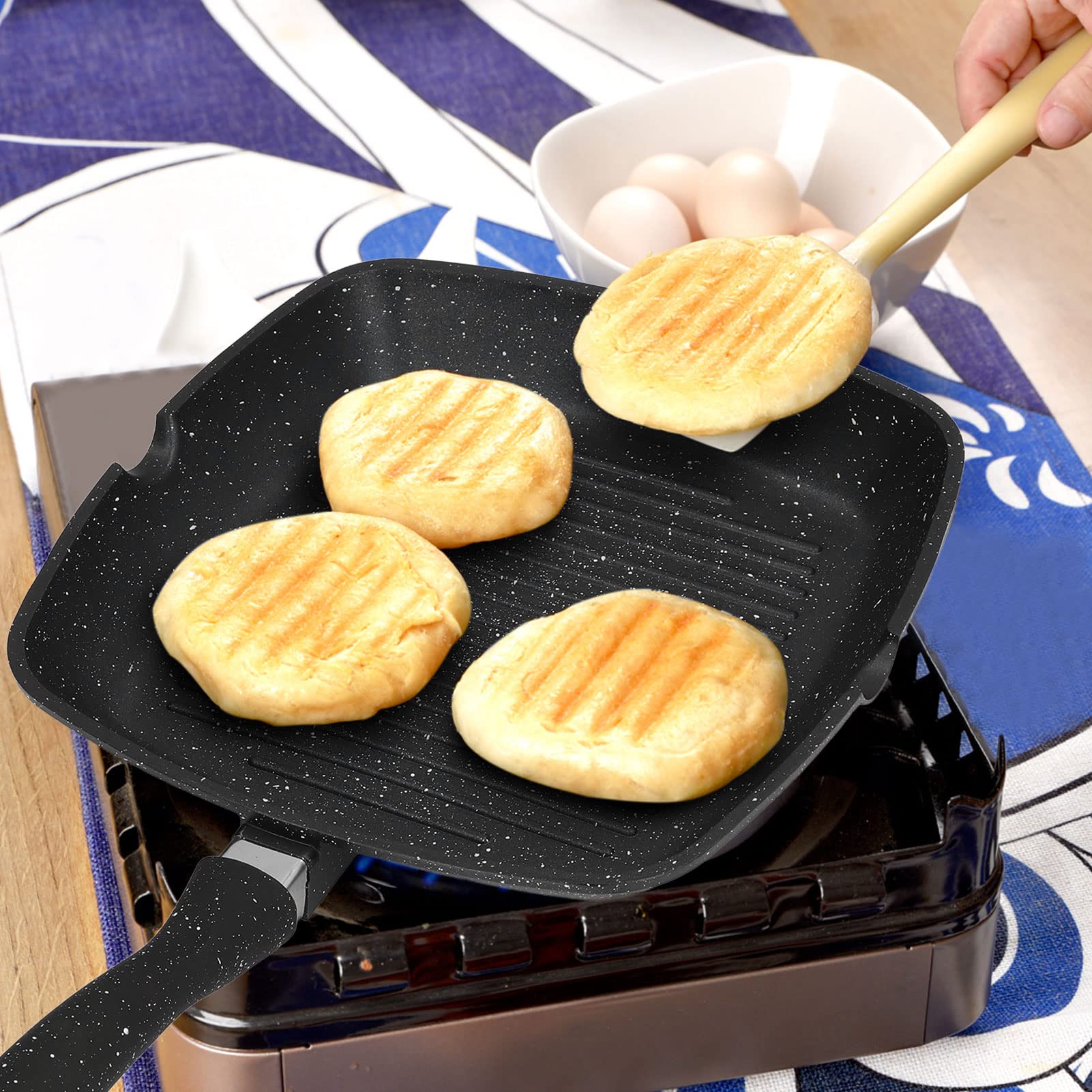 Nonstick Grill Pan,Square Griddle Pan,Aluminum Skillet Steak Bacon Pans with Detachable Handle for Restaurant Indoor Outdoor Barbecue Frying Sauteing Black