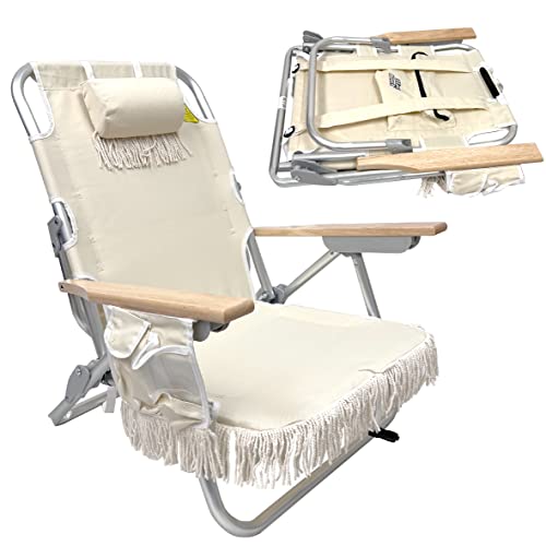 EasyGoProducts 5 Positions-Cupholder-Storage Backpack Chair Lightweight Rustproof Aluminum-Beach Umbrella 7 Foot β UPF 50+ UV Sun Protection-Tilt Function β Carry Bag, Tassel Deluxe Combo