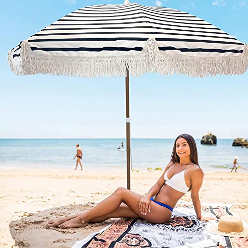 EasyGoProducts 5 Positions-Cupholder-Storage Backpack Chair Lightweight Rustproof Aluminum-Beach Umbrella 7 Foot β UPF 50+ UV Sun Protection-Tilt Function β Carry Bag, Tassel Deluxe Combo