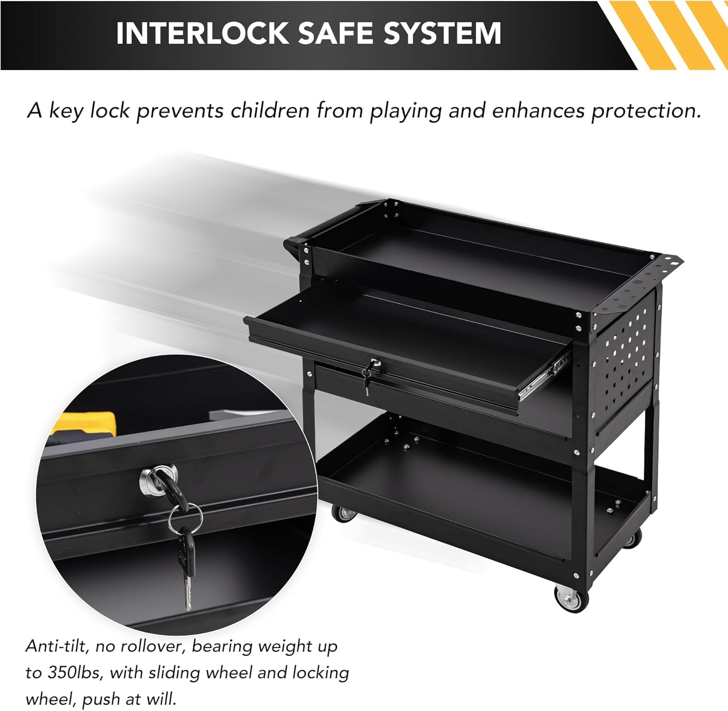 SUN & SUMMER Tool Chest with Wheels, Rolling 3-Tier Tool Box with Wheels 330 LBS Capacity Heavy Duty Utility Industrial Service Cart with Locking System Drawer for Garage, Warehouse & Repair Shop