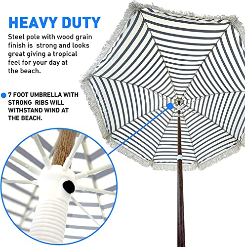 EasyGoProducts 5 Positions-Cupholder-Storage Backpack Chair Lightweight Rustproof Aluminum-Beach Umbrella 7 Foot β UPF 50+ UV Sun Protection-Tilt Function β Carry Bag, Tassel Deluxe Combo