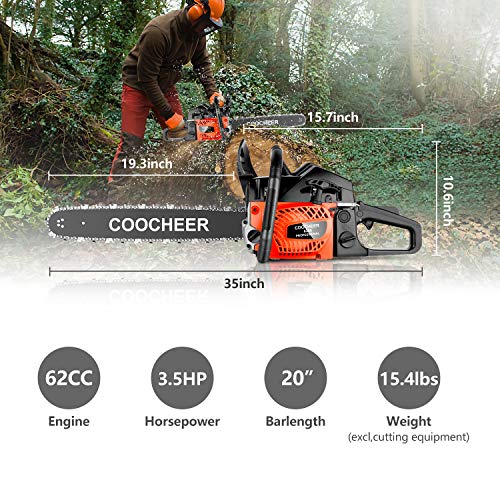 COOCHEER 62CC Gas Chainsaw, 20" 2-Stroke Portable Gasoline Chainsaw with Carrying Bag & 2 Chains Tool Kit, Petrol Wood Cutting Saw for Tree Stumps and Firewood Cutting(Upgraded Version)