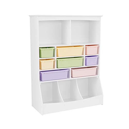 KidKraft Wooden Wall Storage Unit with 8 Plastic Bins and 13 Compartments - White, Gift for Ages 3+ & Nantucket Wooden Storage Bench with Three Bins and Wainscoting Detail - White, Gift for Ages 3+